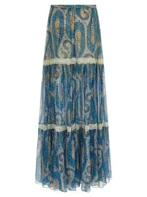Etro Lace Insert Patterned Silk Skirt - Blue