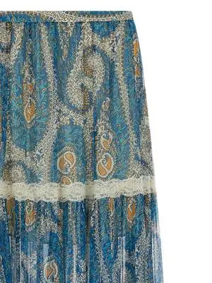 Etro Lace Insert Patterned Silk Skirt - Blue