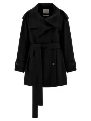 Sportmax Bouquet Short Double-breasted Wool Trench Coat - Black