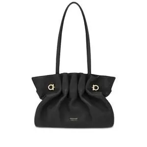 FERRAGAMO Nappa Leather Gancini Shoulder Bag - Black