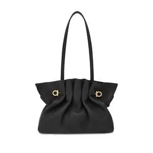 FERRAGAMO Nappa Leather Gancini Shoulder Bag - Black