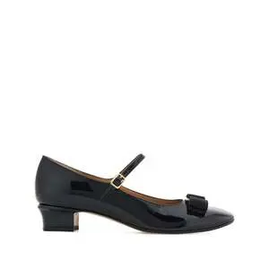 FERRAGAMO Patent Calf Leather Mary Jane Block Heel Shoes With Bow Detailing - Black