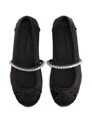 GIUSEPPE ZANOTTI Black Silk Satin Rhinestone Band Ballet Flats - Multicolor