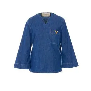 Valentino Garavani Denim Shirt With Embossed Logo - Blue