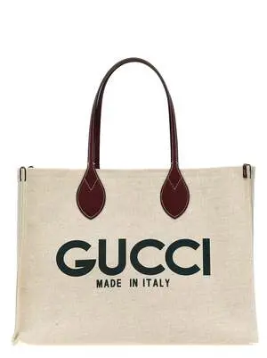 Gucci Canvas Shopping Bag With Leather Details And Front Logo Print