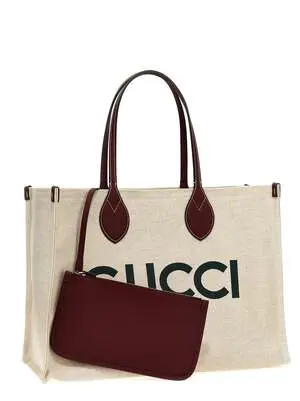 Gucci Canvas Shopping Bag With Leather Details And Front Logo Print