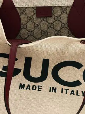 Gucci Canvas Shopping Bag With Leather Details And Front Logo Print