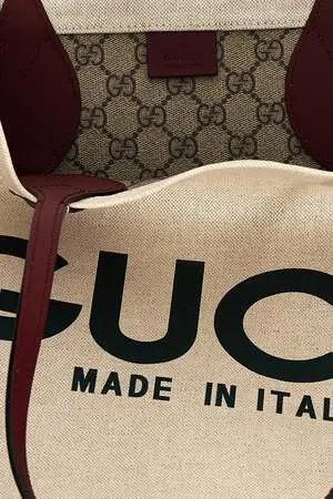 Gucci Canvas Shopping Bag With Leather Details And Front Logo Print