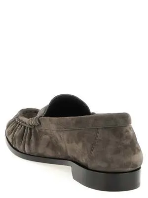 Saint Laurent Le Loafer' Suede Loafers With Antiqued Metal Logo - Brown