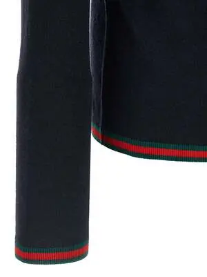 Gucci Cashmere High Neck Sweater With Web Ribbon Detail - Blue