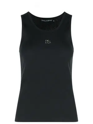 Dolce & Gabbana Ribbed Tank Top With Rhinestone Logo - Black