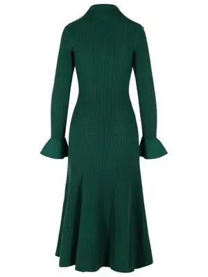 SELF-PORTRAIT Ribbed Knit Dress With Keyhole Neckline - Green