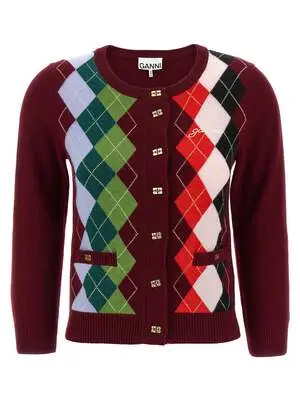 GANNI GANNI Burgundy Check Merino Wool And Cashmere Blend Cardigan With Argyle Pattern Multicolor