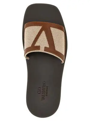 Valentino Garavani Vlogo Signature Woven Canvas And Leather Slides - Brown