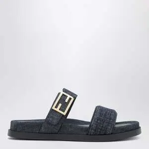 Fendi Dark Denim Slides With Ff Buckle