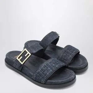 Fendi Dark Denim Slides With Ff Buckle