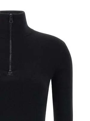 COURREGES Wool Knit Mini Dress With Quarter Zip - Black