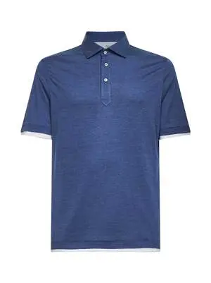 Brunello Cucinelli Blue Silk And Cotton Jersey Polo Shirt With Faux Layering - Multicolor