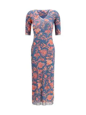 Etro Stretch Tulle Midi Dress With Floral Motif - Multicolor