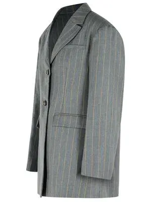 GANNI Grey Wool Blend Blazer With Vertical Stripes