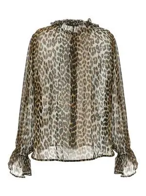 GANNI Leopard Print Chiffon Tie Neck Shirt