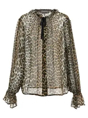 GANNI Leopard Print Chiffon Tie Neck Shirt - Multicolor