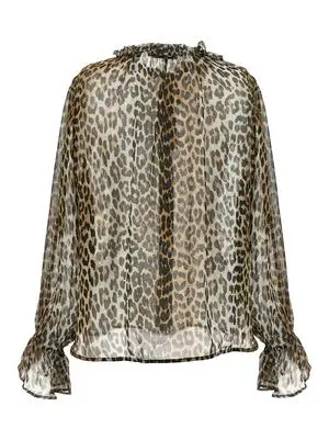 GANNI Leopard Print Chiffon Tie Neck Shirt - Multicolor