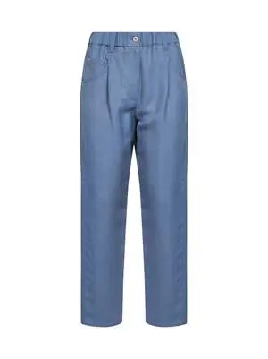 Brunello Cucinelli Light Blue Fluid Twill Baggy Trousers With Monili - Multicolor