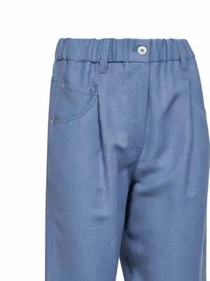 Brunello Cucinelli Light Blue Fluid Twill Baggy Trousers With Monili - Multicolor