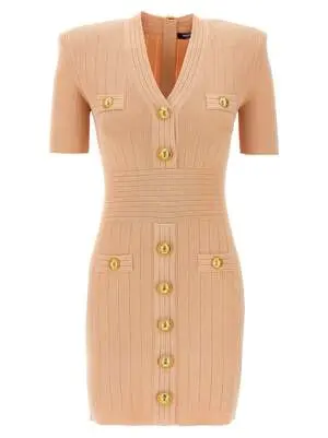Balmain Chiocciola" Ribbed Knit Dress With Gold Tone Buttons - Pink