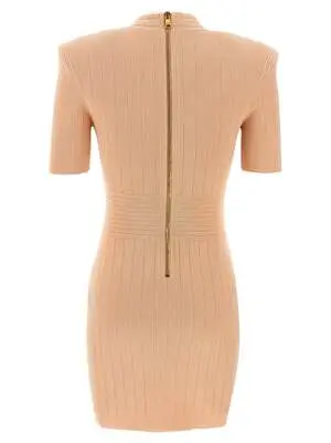 Balmain Chiocciola" Ribbed Knit Dress With Gold Tone Buttons - Pink