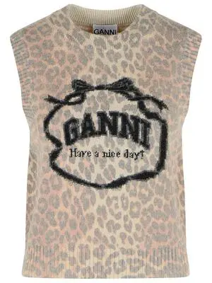 GANNI Leopard Patterned Wool Blend Vest - Brown