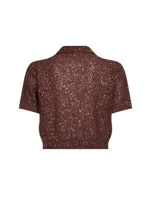 Brunello Cucinelli Burgundy Dazzling Knit Cropped Polo Shirt - Multicolor