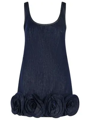 SELF-PORTRAIT Denim Dress With Floral Hem Detail - Blue