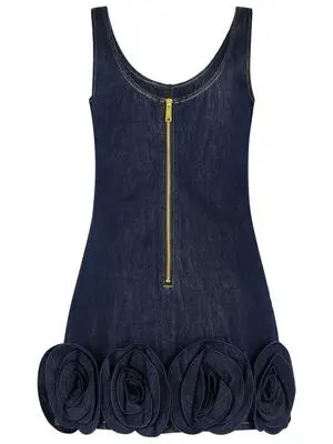 SELF-PORTRAIT Denim Dress With Floral Hem Detail - Blue