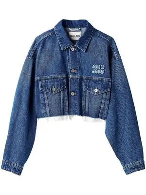 Miu Miu Cropped Denim Blouson Jacket With Logo Embroidery - Blue
