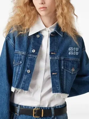 Miu Miu Cropped Denim Blouson Jacket With Logo Embroidery
