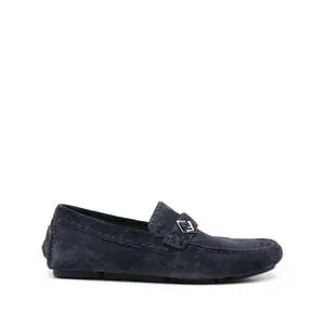 Fendi Navy Suede Slip-on Loafers With Logo Plaque - Blue