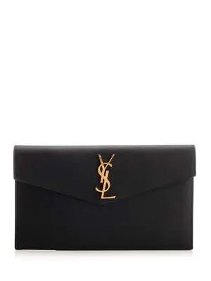 Saint Laurent Cassandre Medium Clutch In Grain De Poudre Leather - Black