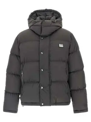 Dolce & Gabbana Quilted Padded Down Jacket With Logo Patch - Gray