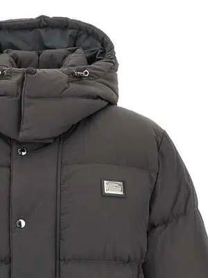 Dolce & Gabbana Quilted Padded Down Jacket With Logo Patch - Gray