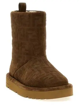 Fendi Apres Chic Suede Ankle Boots With Embossed Ff Pattern - Brown