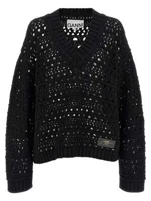 GANNI Crochet V-neck Sweater - Black