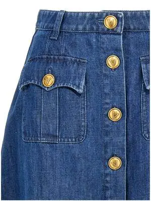 Valentino Garavani Denim Midi Skirt With Vlogo Button Closure