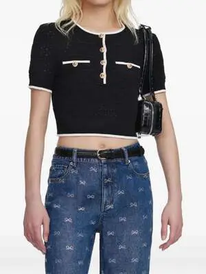 SELF-PORTRAIT Pointelle Knit Button Detailed Cropped Top