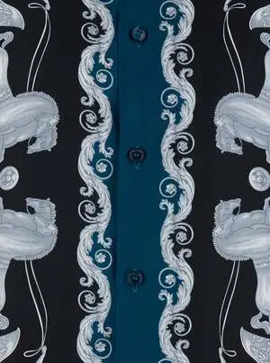 Versace Blue Shirt With Classic Collar And All-over Print In Silk - Multicolor