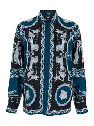Versace Blue Shirt With Classic Collar And All-over Print In Silk - Multicolor