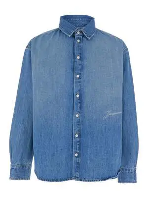 Jacquemus Simon' Light Blue Shirt With Classic Collar And Logo Lettering Embroidery On The Front In Denim For - Multicolor