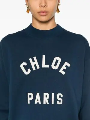 Chloé Mock Neck Cotton Fleece Logo Sweater - Blue