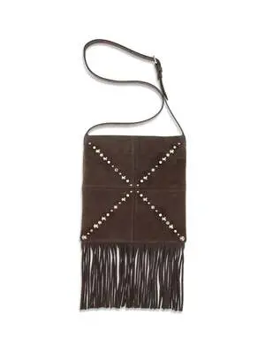 Valentino Garavani Suede Shoulder Bag With Fringe And Studs - Brown